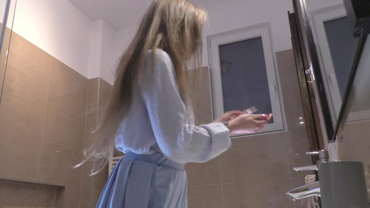 Hot Skinny Long Hair Blonde Wife Has A New Blue Super Short Miniskirt And Under It She Has White